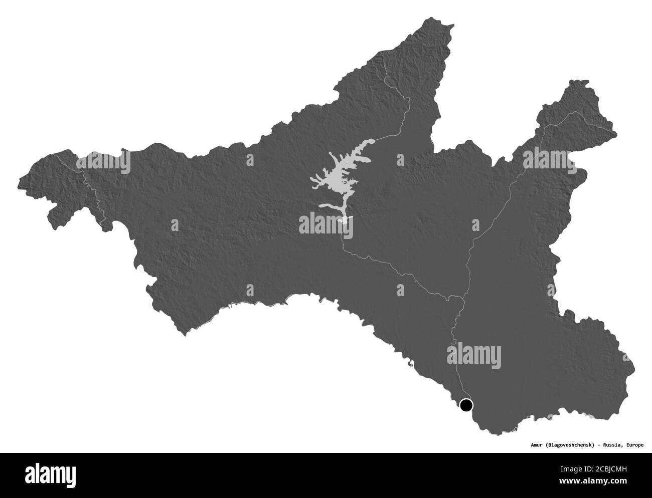 Shape of Amur, region of Russia, with its capital isolated on white ...