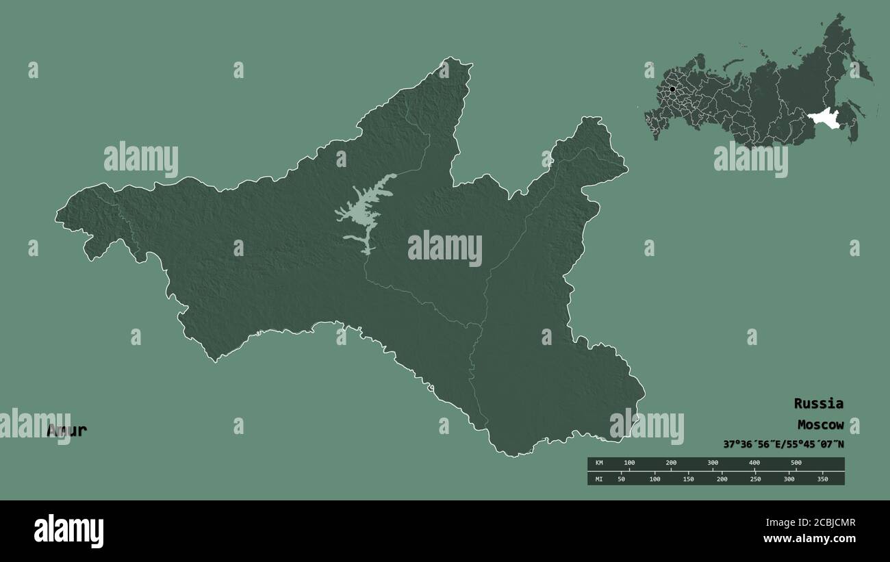 Shape of Amur, region of Russia, with its capital isolated on solid ...