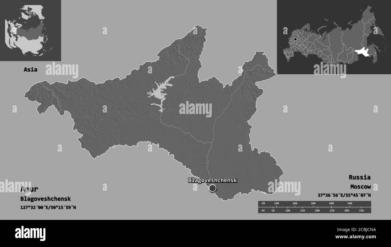 Shape of Amur, region of Russia, and its capital. Distance scale ...