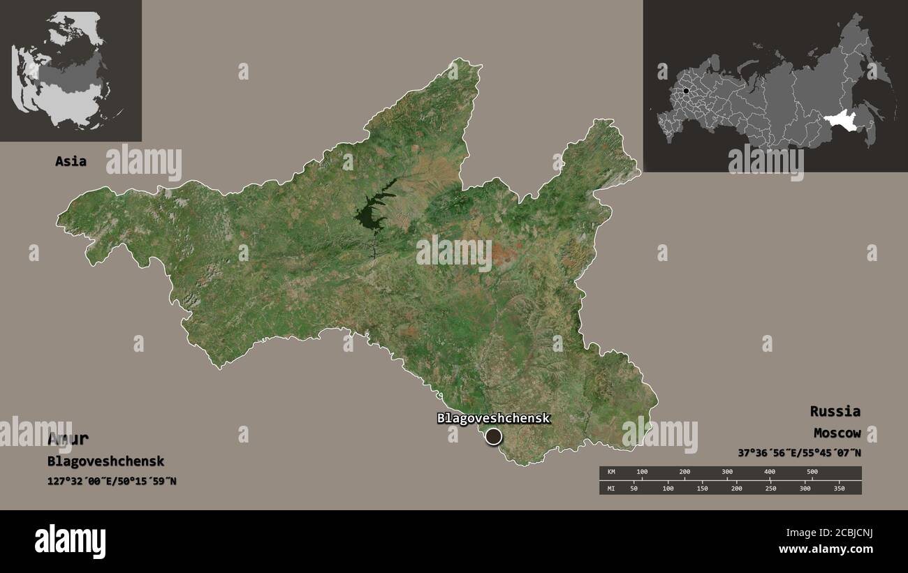 Shape of Amur, region of Russia, and its capital. Distance scale ...