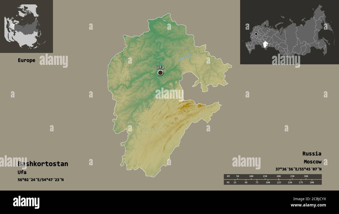 Shape of Bashkortostan, republic of Russia, and its capital. Distance ...