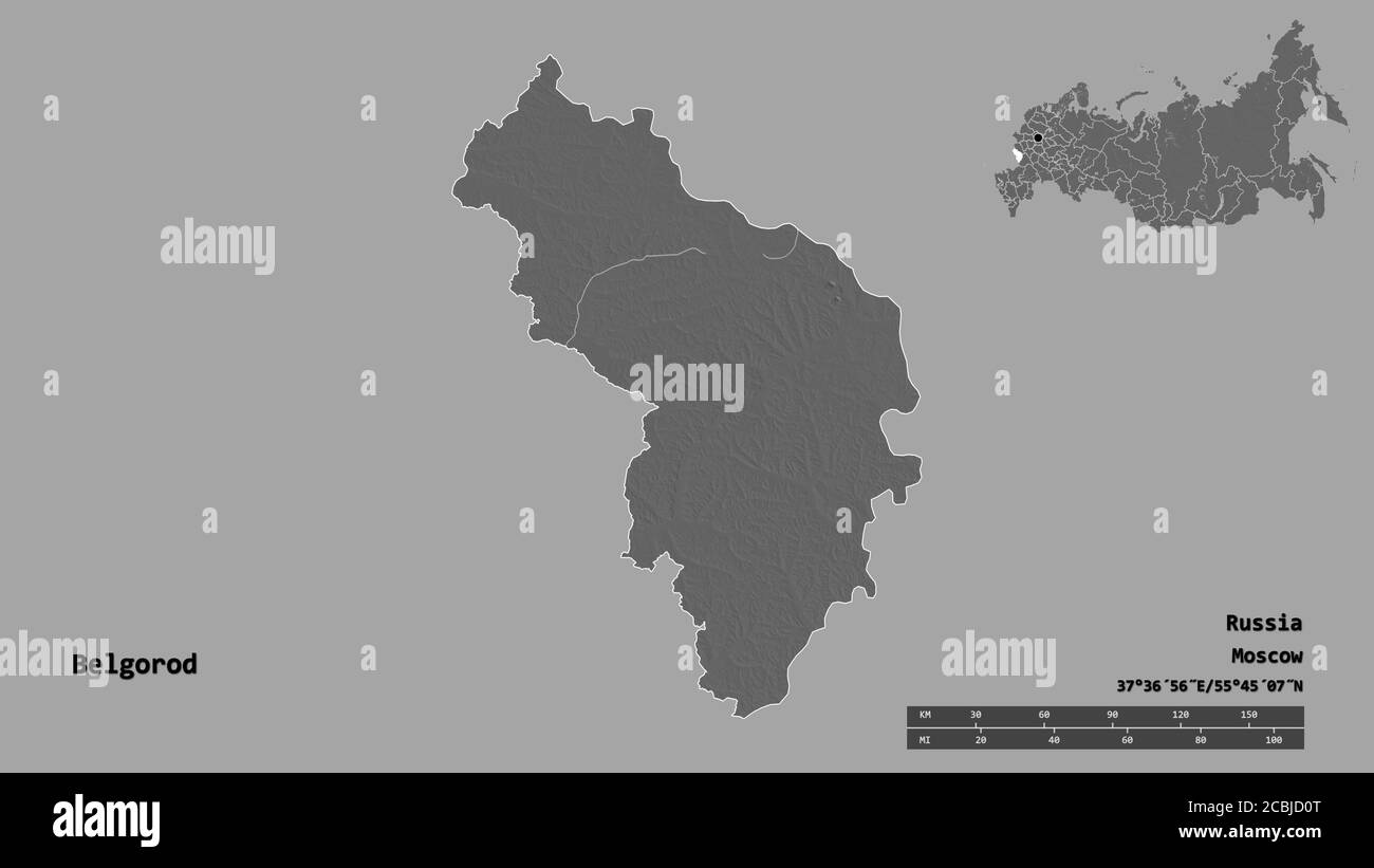 Shape of Belgorod, region of Russia, with its capital isolated on solid ...
