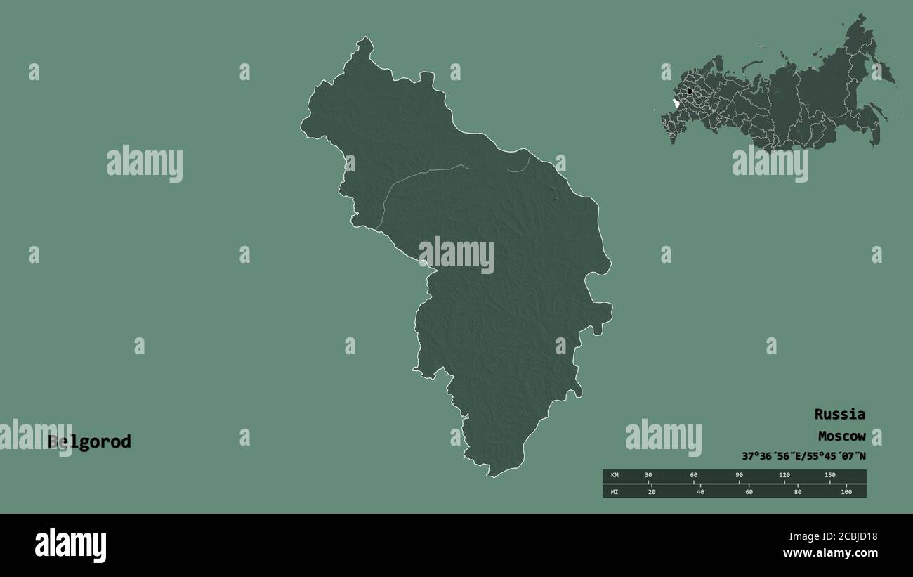 Shape of Belgorod, region of Russia, with its capital isolated on solid ...