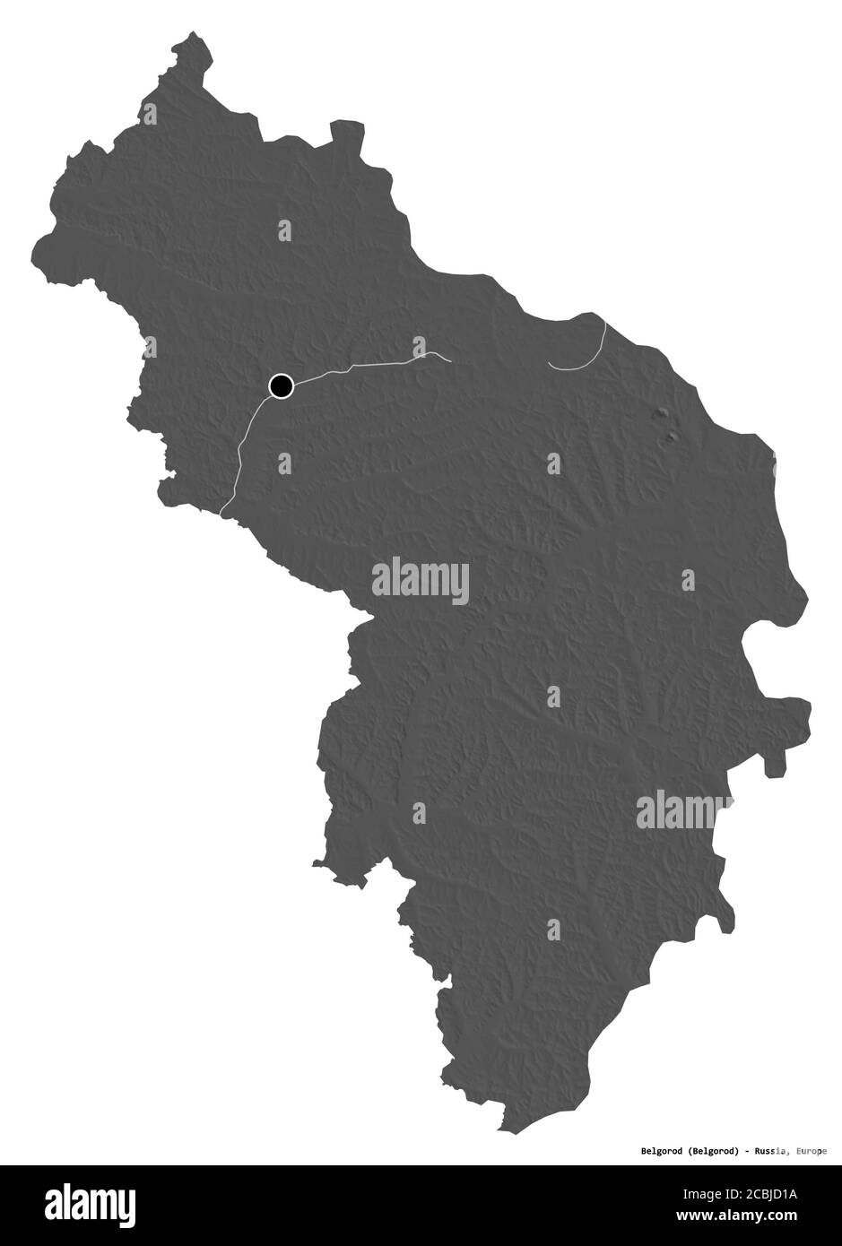 Shape of Belgorod, region of Russia, with its capital isolated on white ...