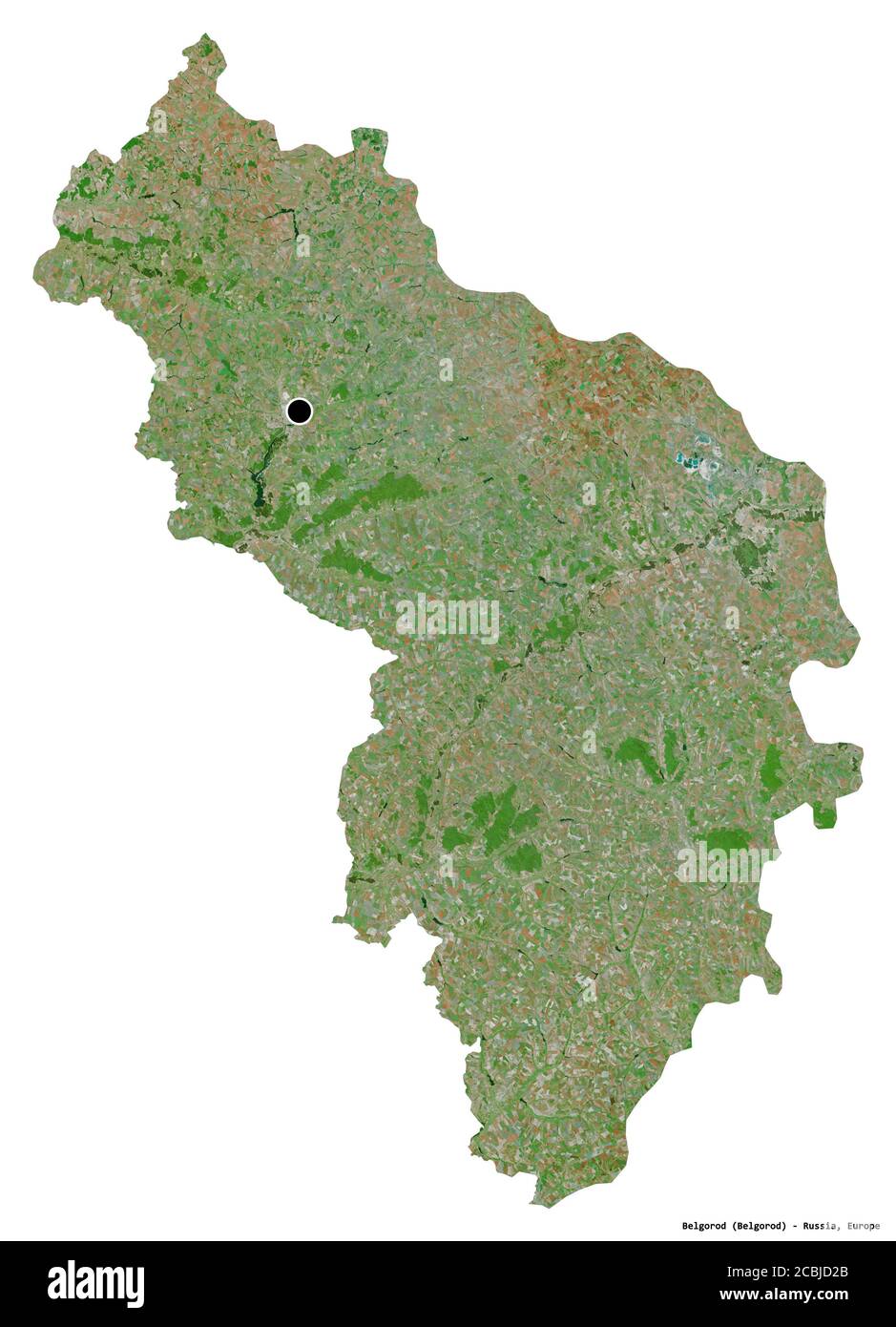 Shape of Belgorod, region of Russia, with its capital isolated on white ...