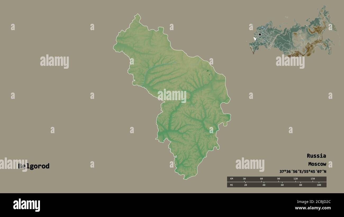 Shape of Belgorod, region of Russia, with its capital isolated on solid ...