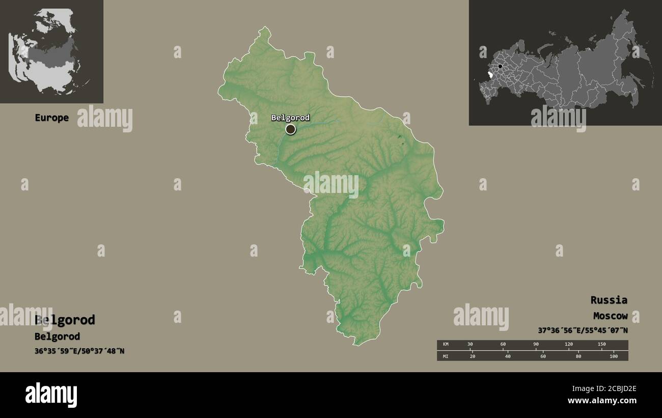 Shape of Belgorod, region of Russia, and its capital. Distance scale ...