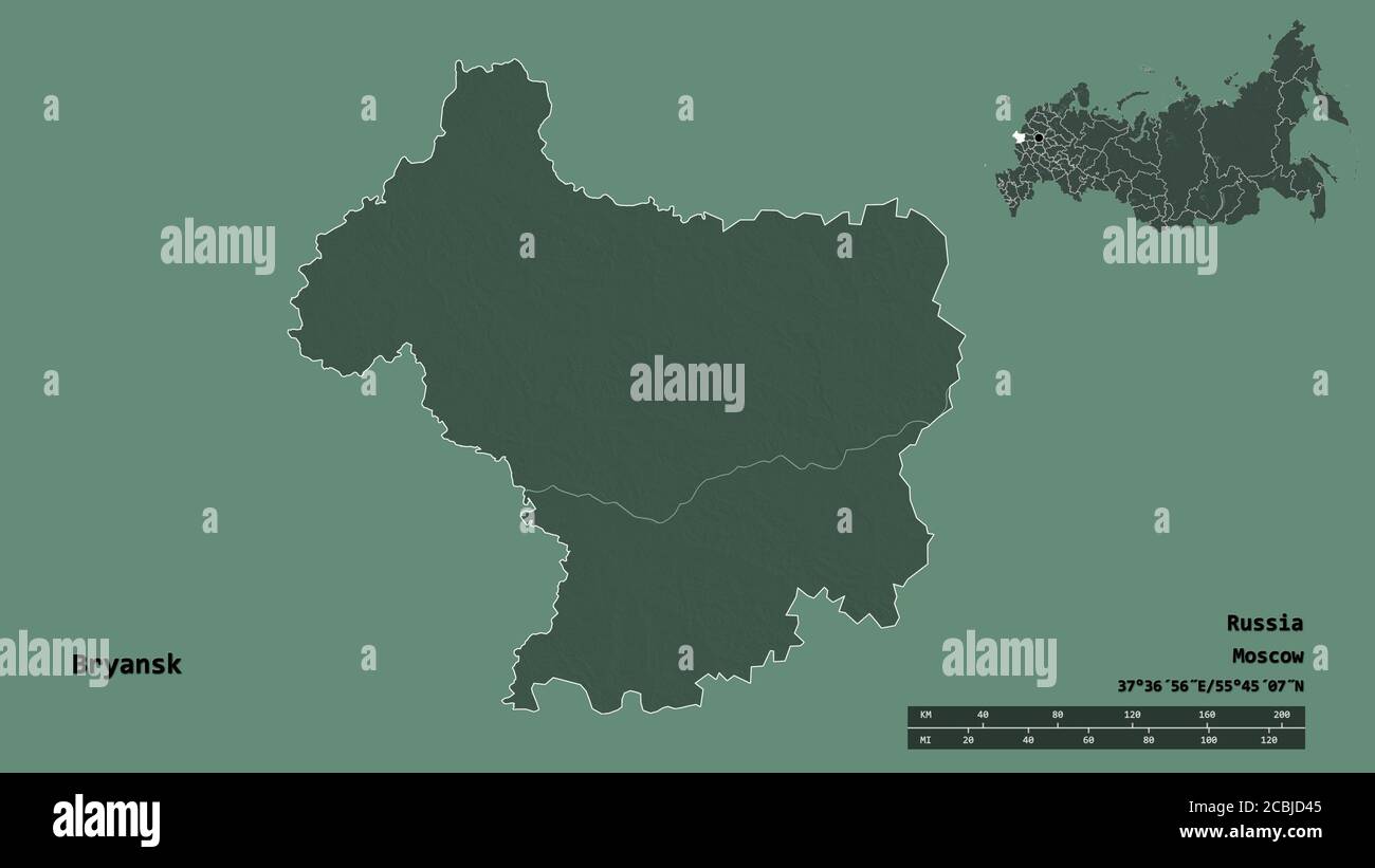 Shape of Bryansk, region of Russia, with its capital isolated on solid ...
