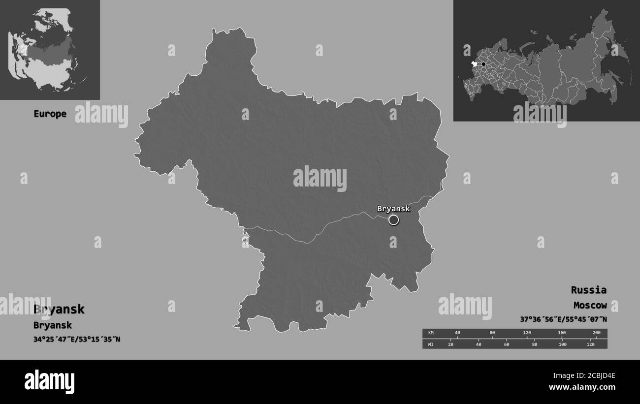 Shape of Bryansk, region of Russia, and its capital. Distance scale ...