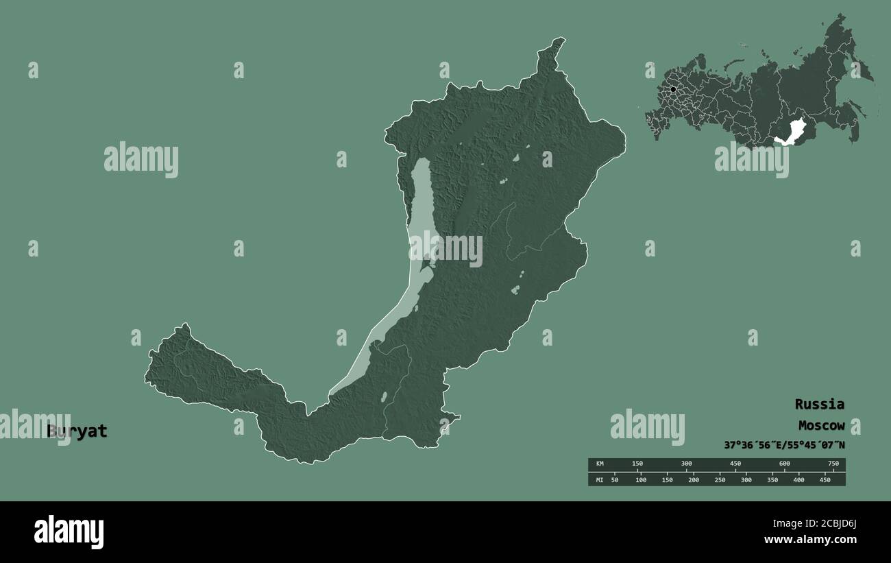 Shape of Buryat, republic of Russia, with its capital isolated on solid ...