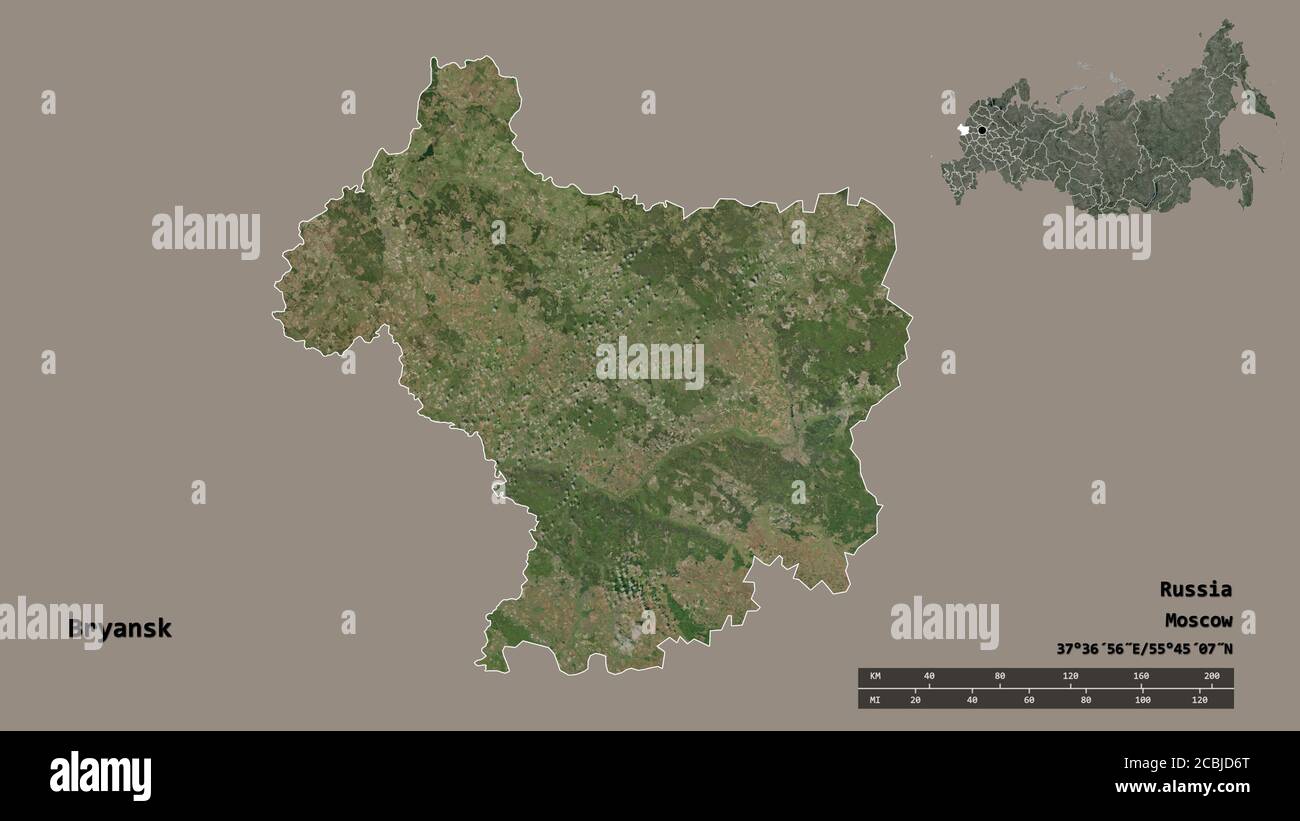 Shape of Bryansk, region of Russia, with its capital isolated on solid ...