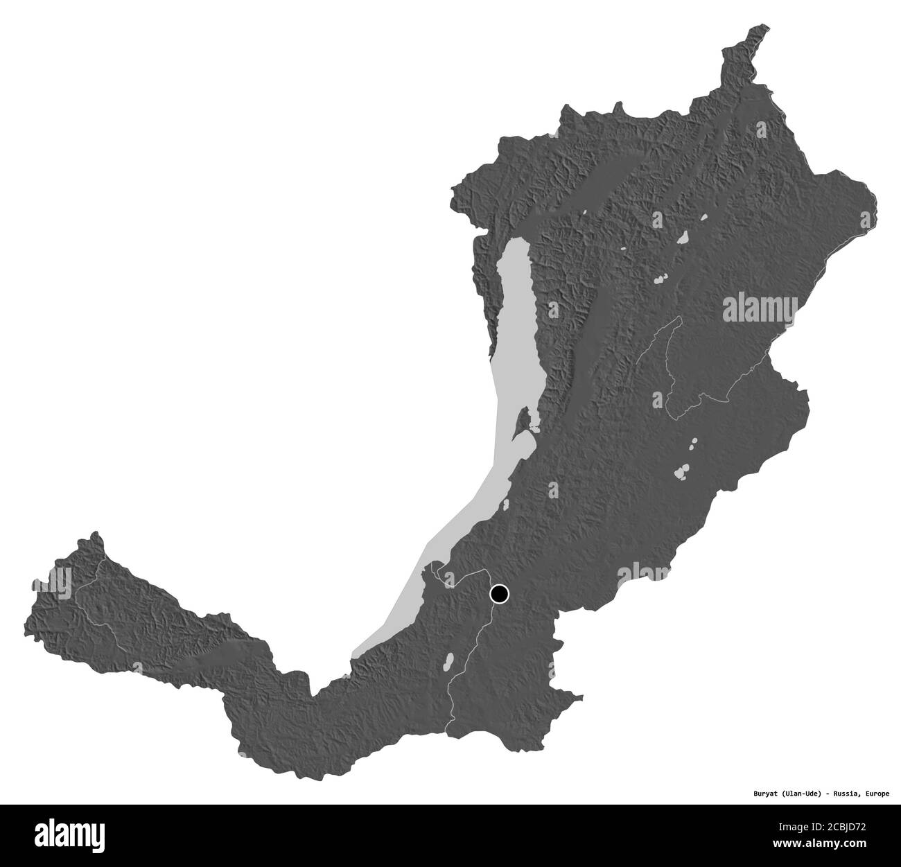 Shape of Buryat, republic of Russia, with its capital isolated on white ...