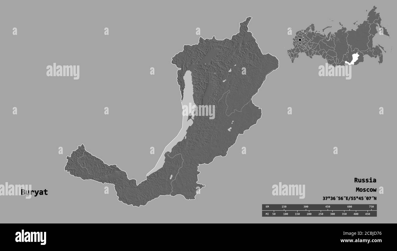 Shape of Buryat, republic of Russia, with its capital isolated on solid ...