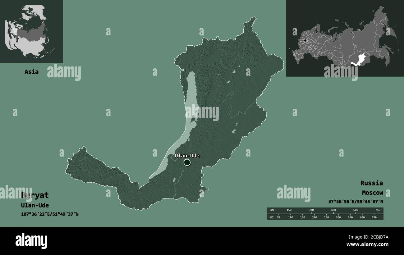 Shape of Buryat, republic of Russia, and its capital. Distance scale ...