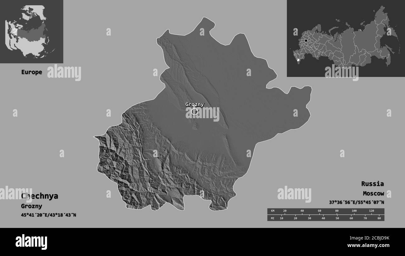 Shape of Chechnya, republic of Russia, and its capital. Distance scale ...