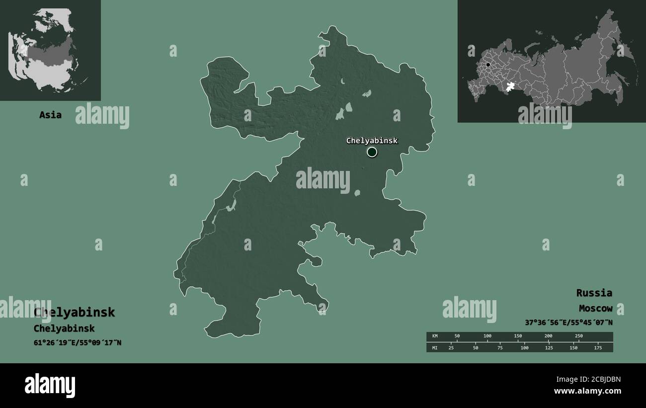 Shape of Chelyabinsk, region of Russia, and its capital. Distance scale ...