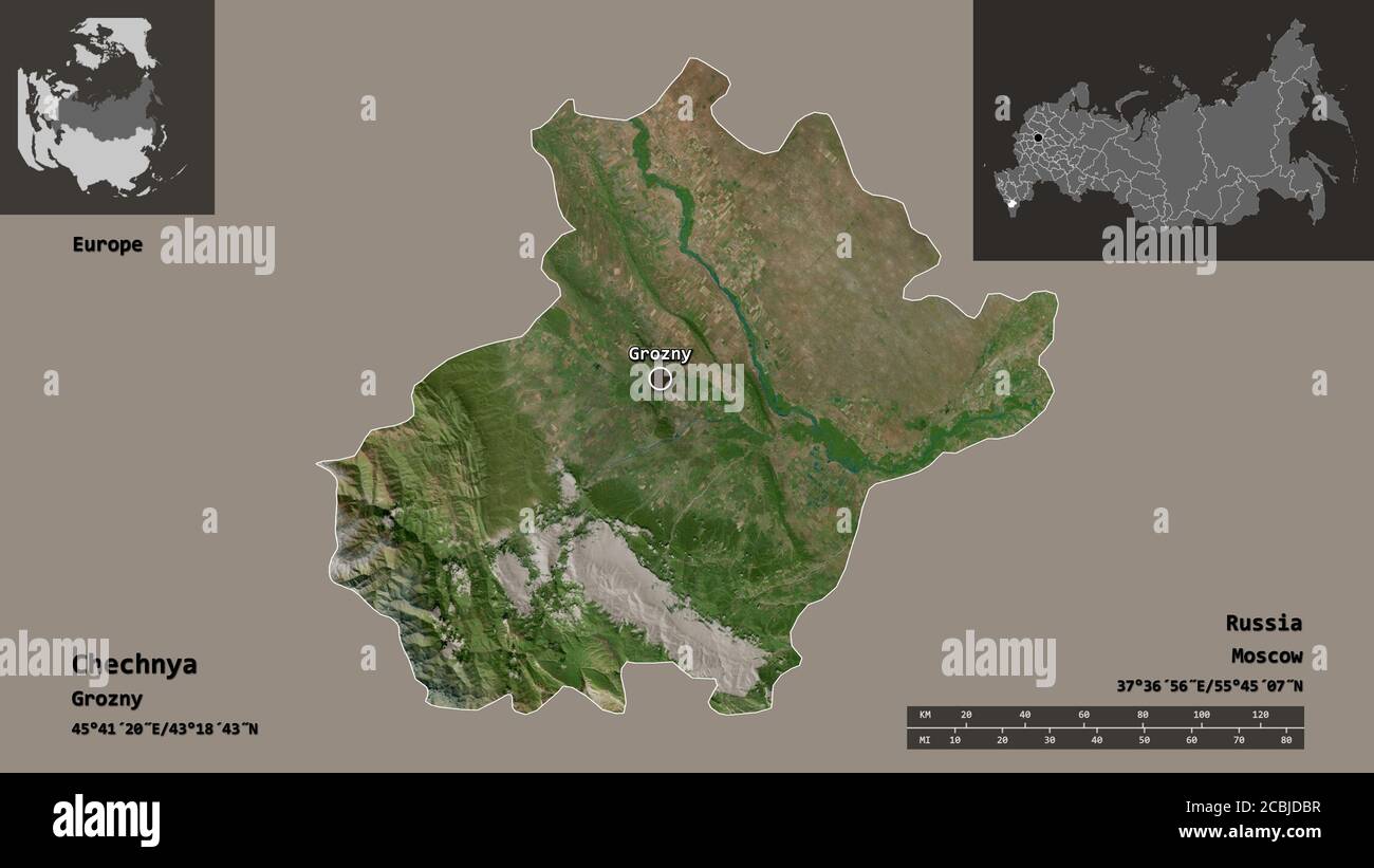 Shape of Chechnya, republic of Russia, and its capital. Distance scale ...