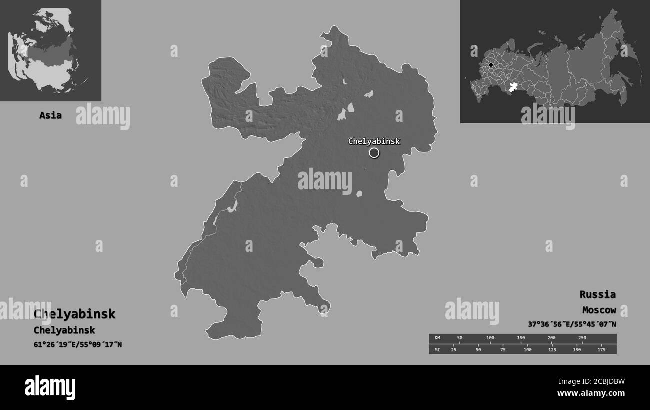 Shape of Chelyabinsk, region of Russia, and its capital. Distance scale ...