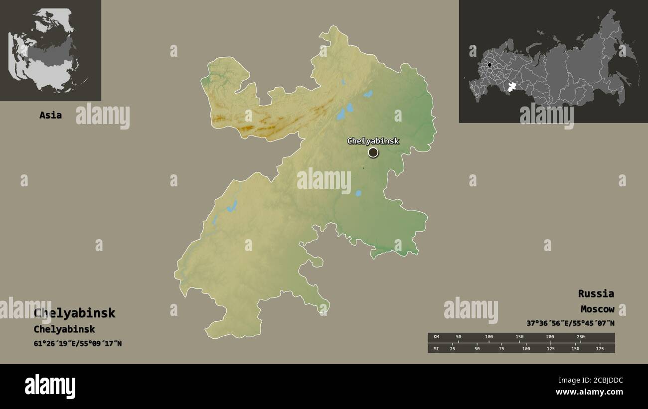 Shape of Chelyabinsk, region of Russia, and its capital. Distance scale ...