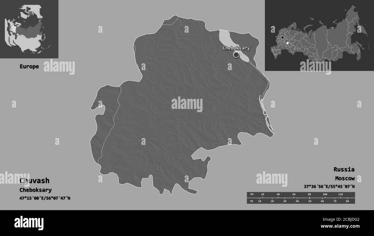 Shape of Chuvash, republic of Russia, and its capital. Distance scale ...