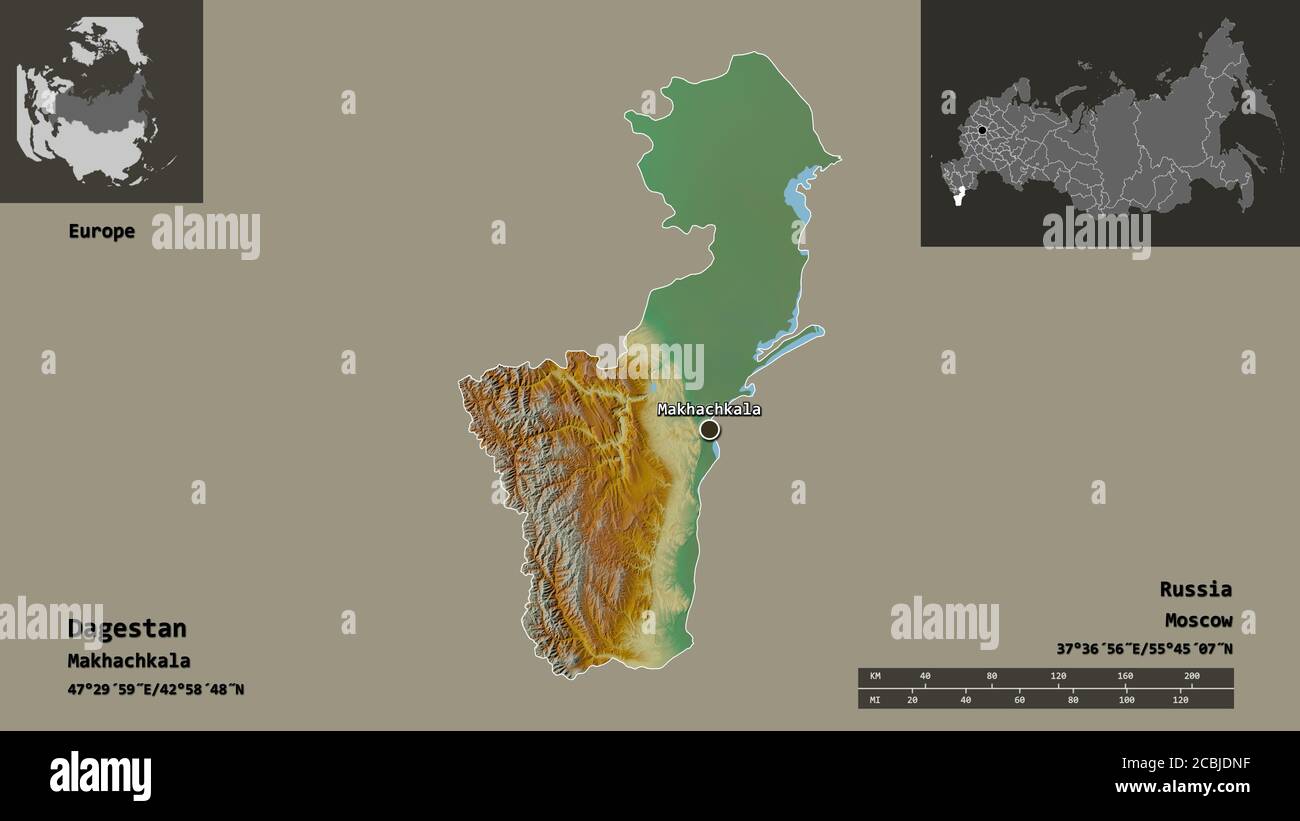 Shape of Dagestan, republic of Russia, and its capital. Distance scale ...