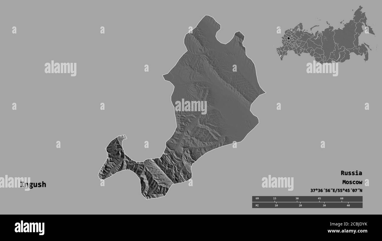 Shape of Ingush, republic of Russia, with its capital isolated on solid ...