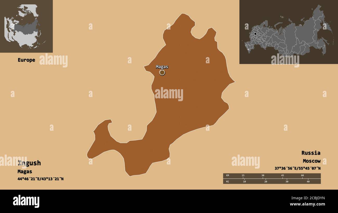 Shape of Ingush, republic of Russia, and its capital. Distance scale ...