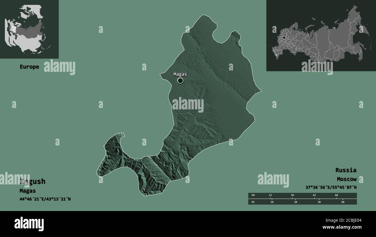 Shape of Ingush, republic of Russia, and its capital. Distance scale ...