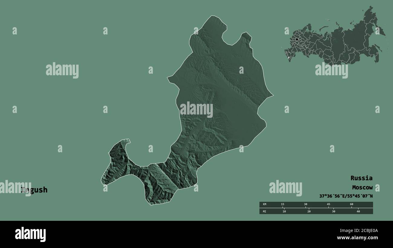 Shape of Ingush, republic of Russia, with its capital isolated on solid ...