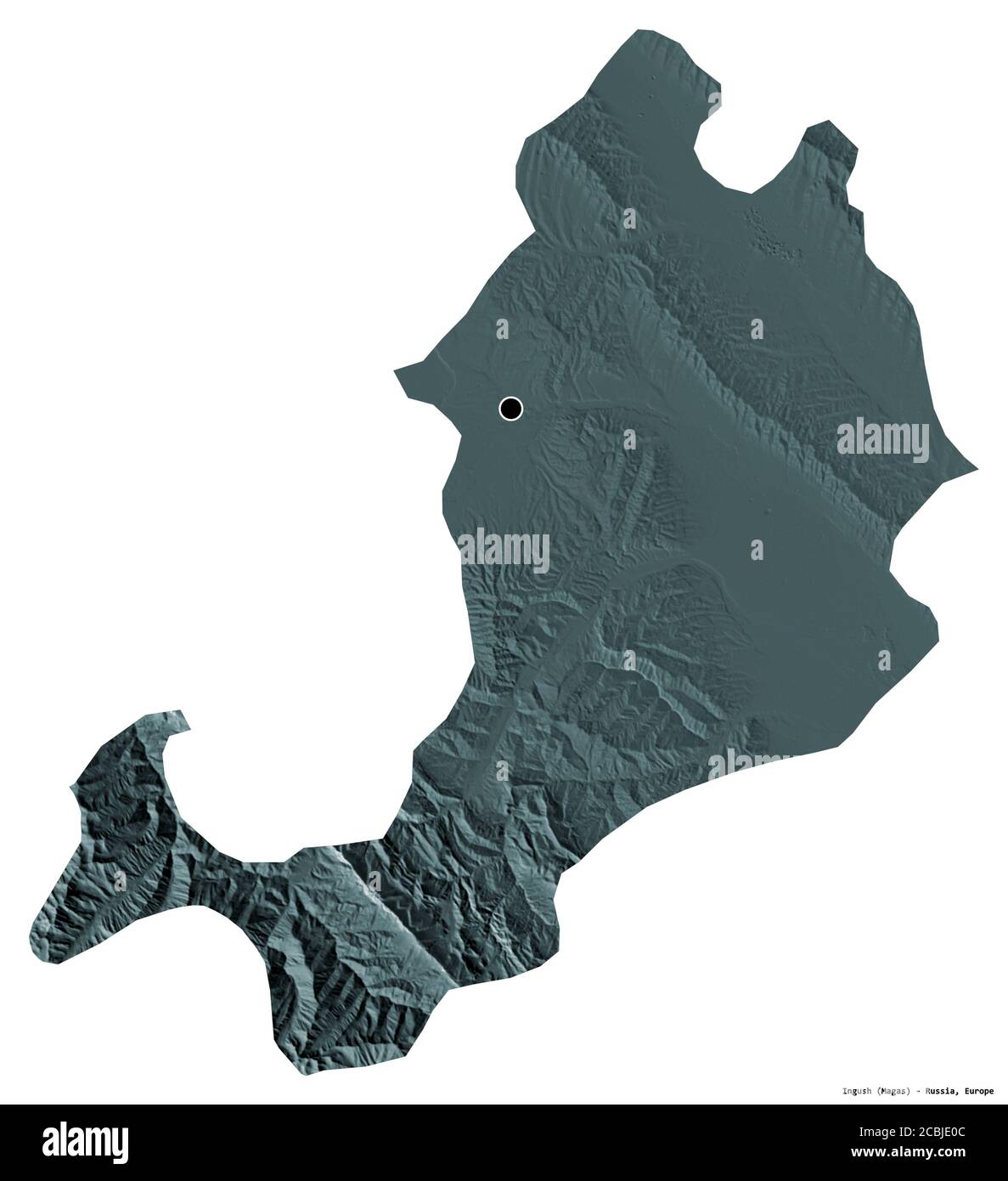 Shape of Ingush, republic of Russia, with its capital isolated on white ...