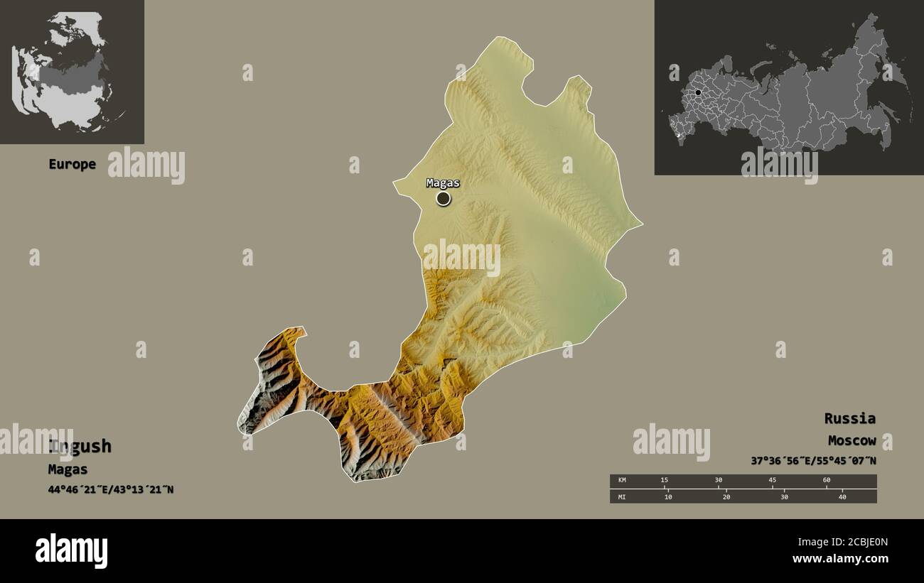 Shape of Ingush, republic of Russia, and its capital. Distance scale ...