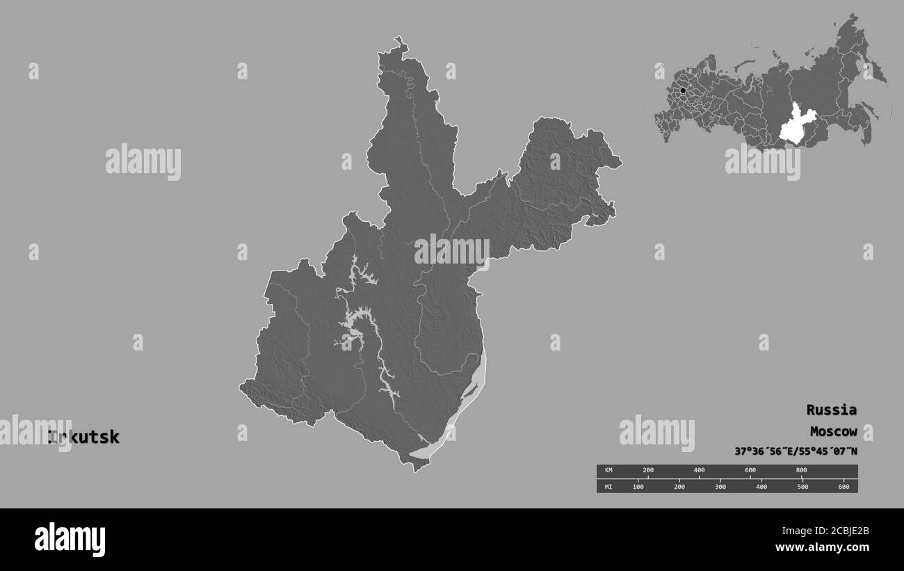 Shape of Irkutsk, region of Russia, with its capital isolated on solid ...