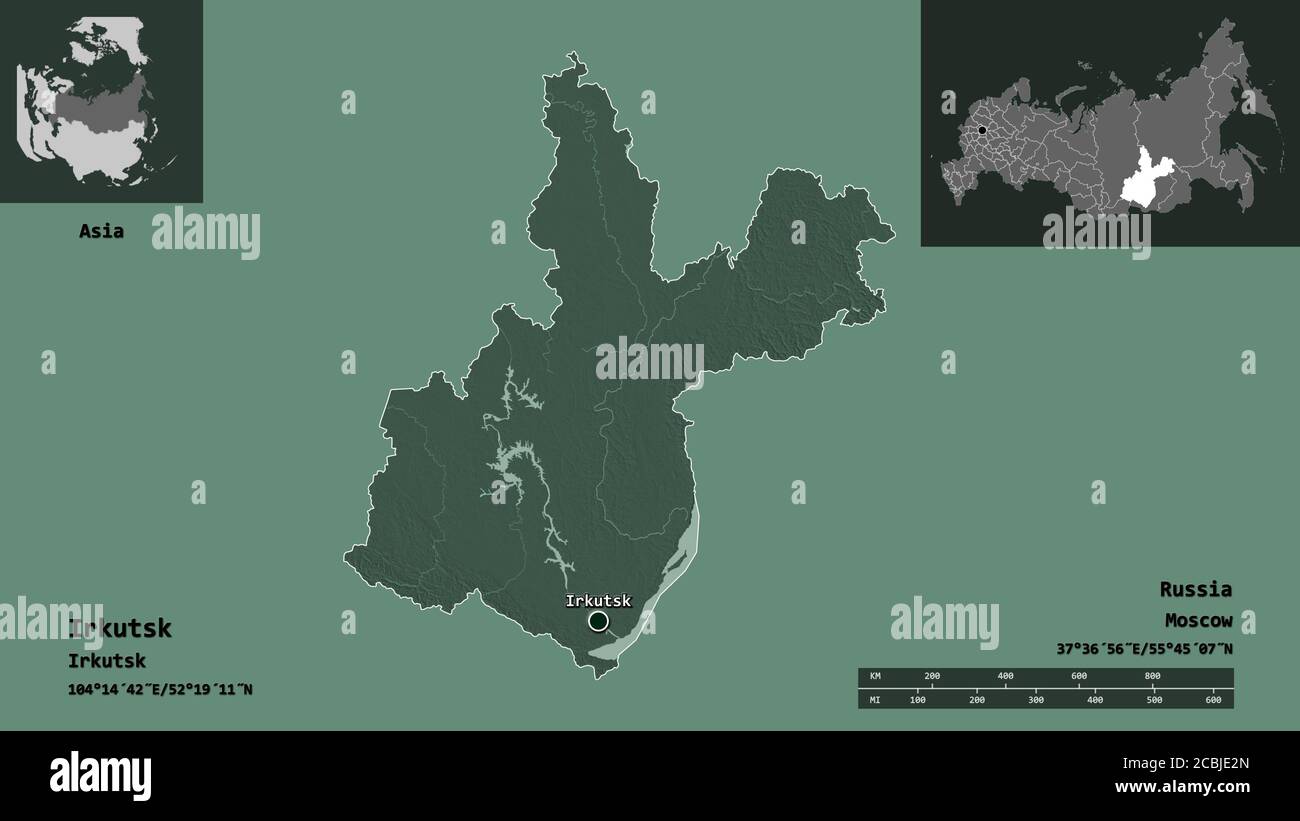 Shape of Irkutsk, region of Russia, and its capital. Distance scale ...