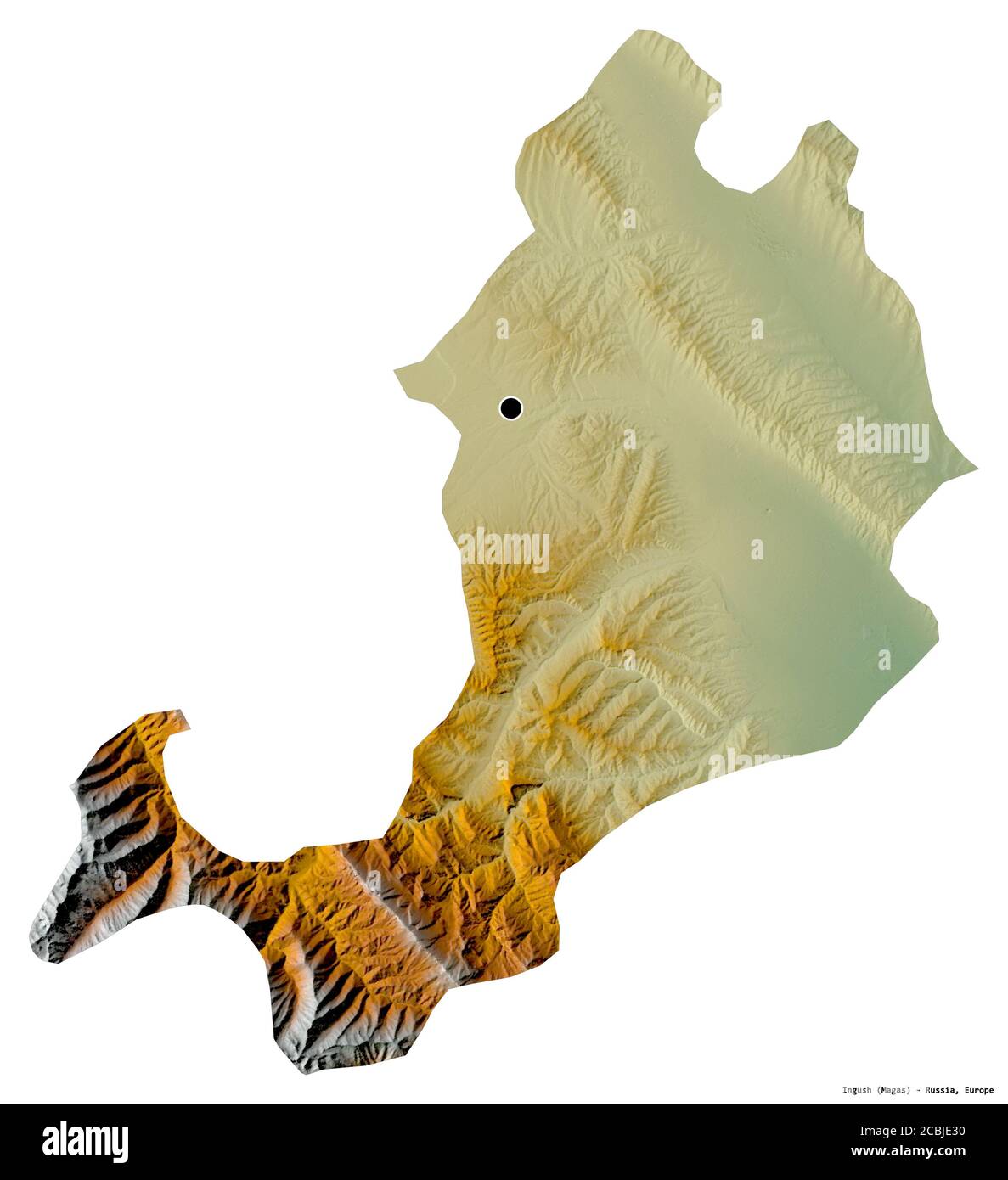 Shape of Ingush, republic of Russia, with its capital isolated on white ...