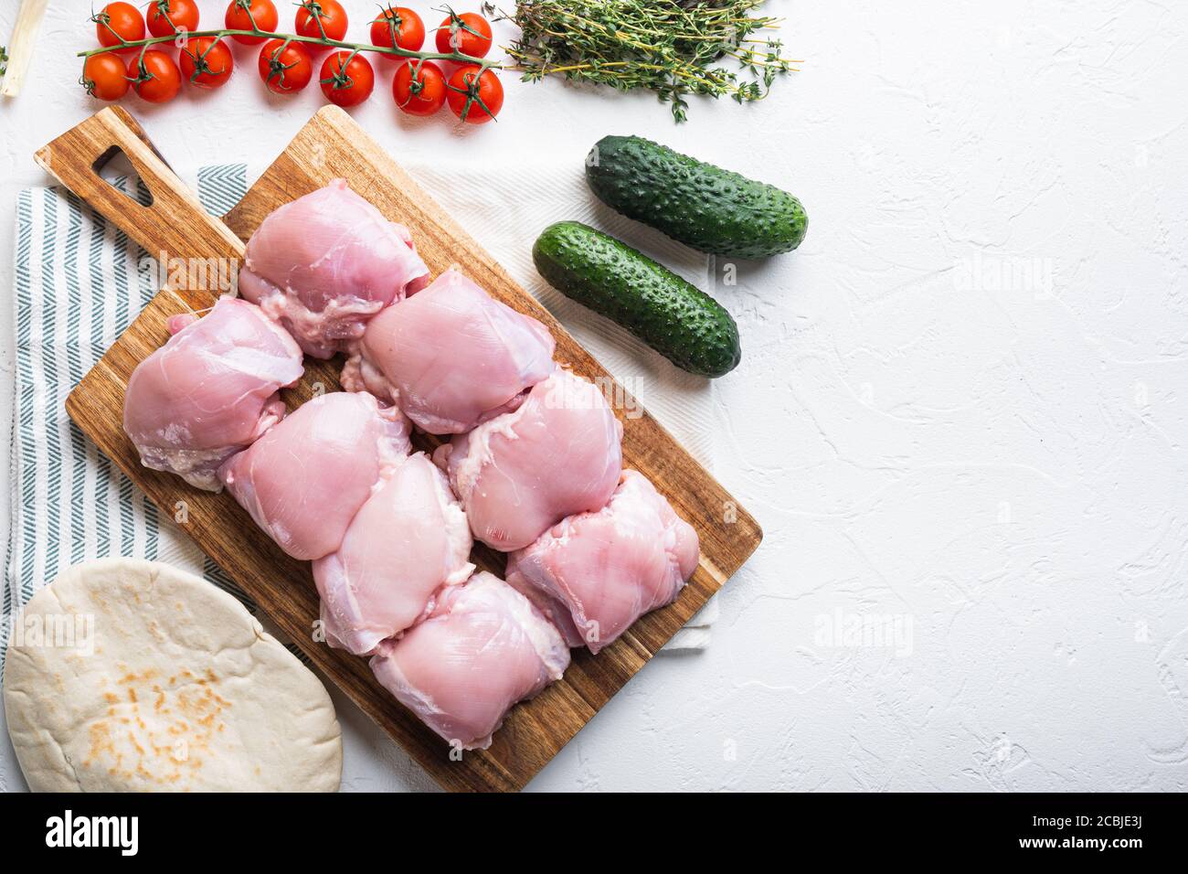 Doner ingredients, chicken meat on white background, flat lay with copy ...
