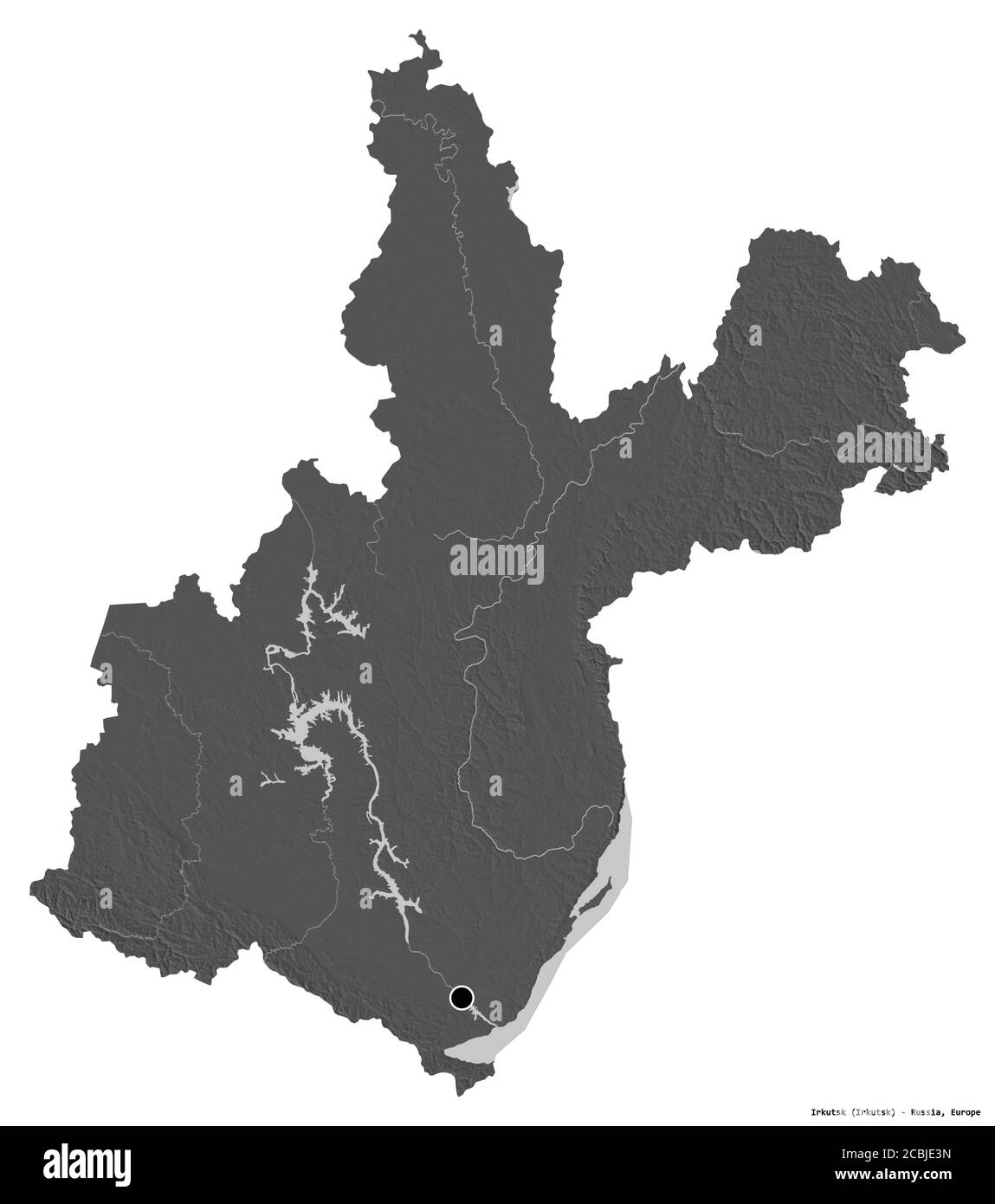 Shape of Irkutsk, region of Russia, with its capital isolated on white ...