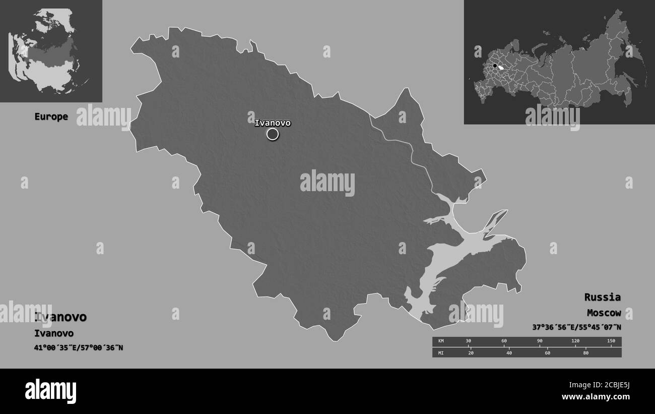 Shape of Ivanovo, region of Russia, and its capital. Distance scale ...