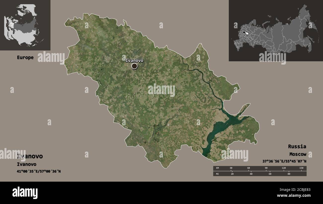 Shape of Ivanovo, region of Russia, and its capital. Distance scale ...