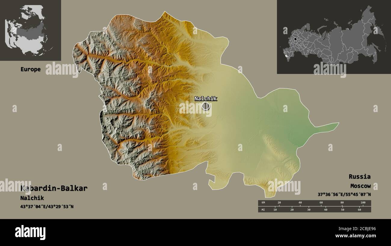 Shape of Kabardin-Balkar, republic of Russia, and its capital. Distance ...