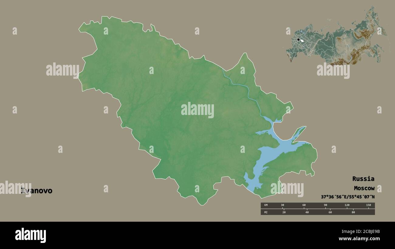 Shape of Ivanovo, region of Russia, with its capital isolated on solid ...