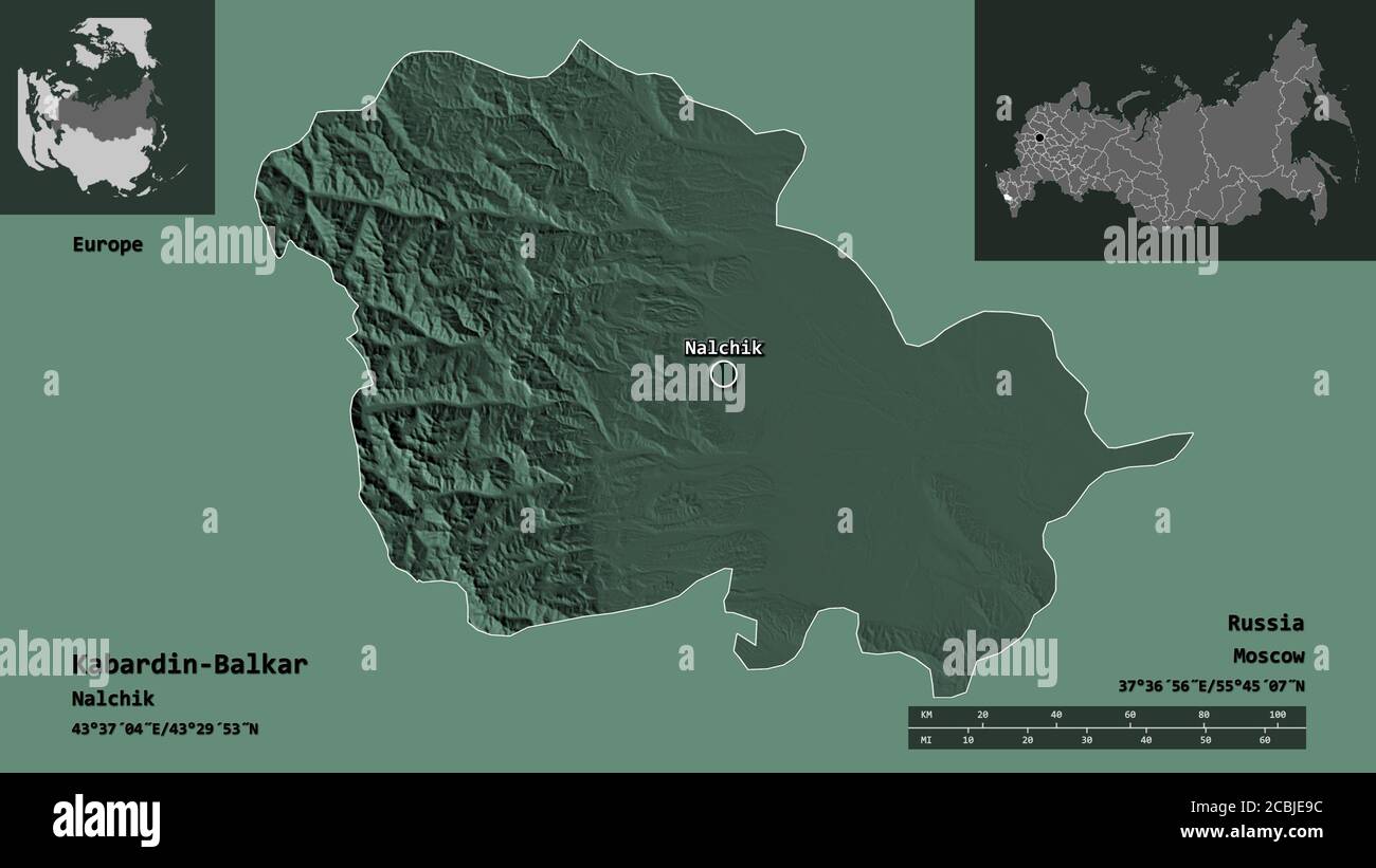 Shape of Kabardin-Balkar, republic of Russia, and its capital. Distance ...