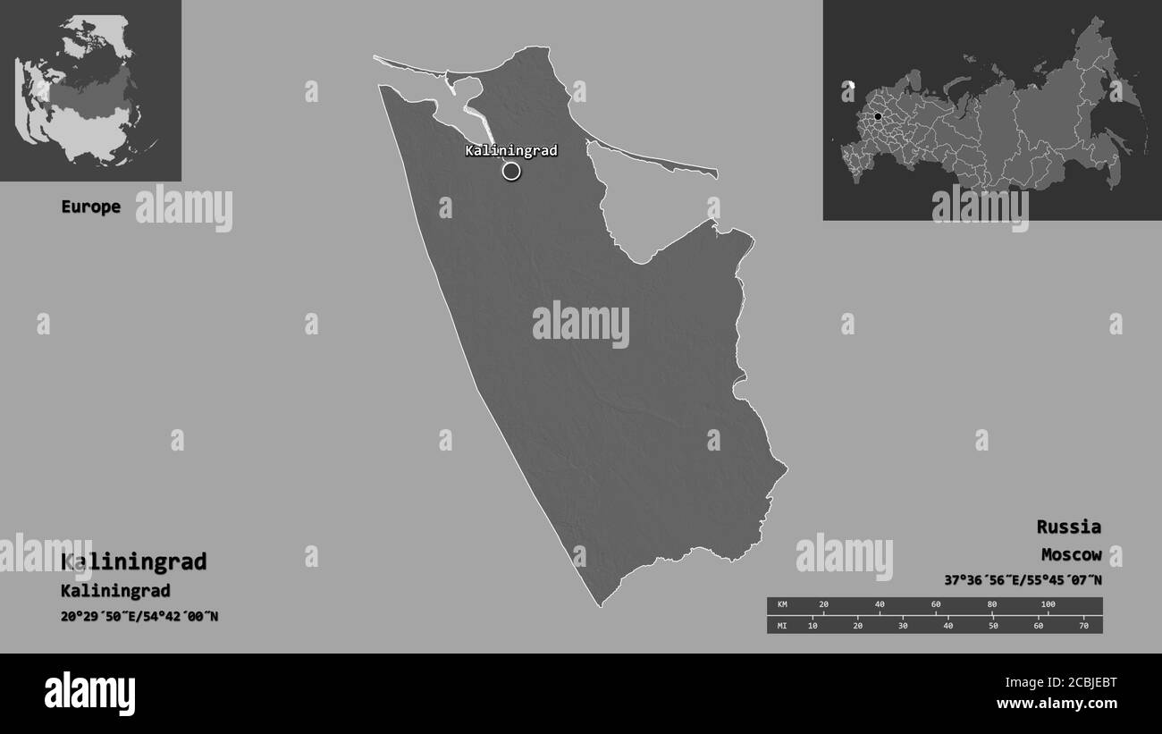 Shape of Kaliningrad, region of Russia, and its capital. Distance scale ...