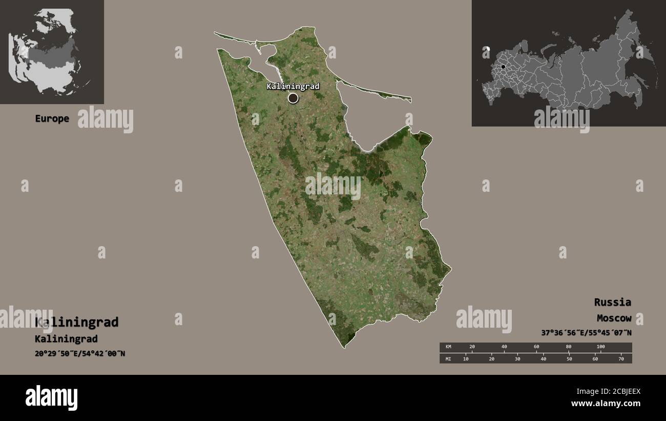 Shape of Kaliningrad, region of Russia, and its capital. Distance scale ...