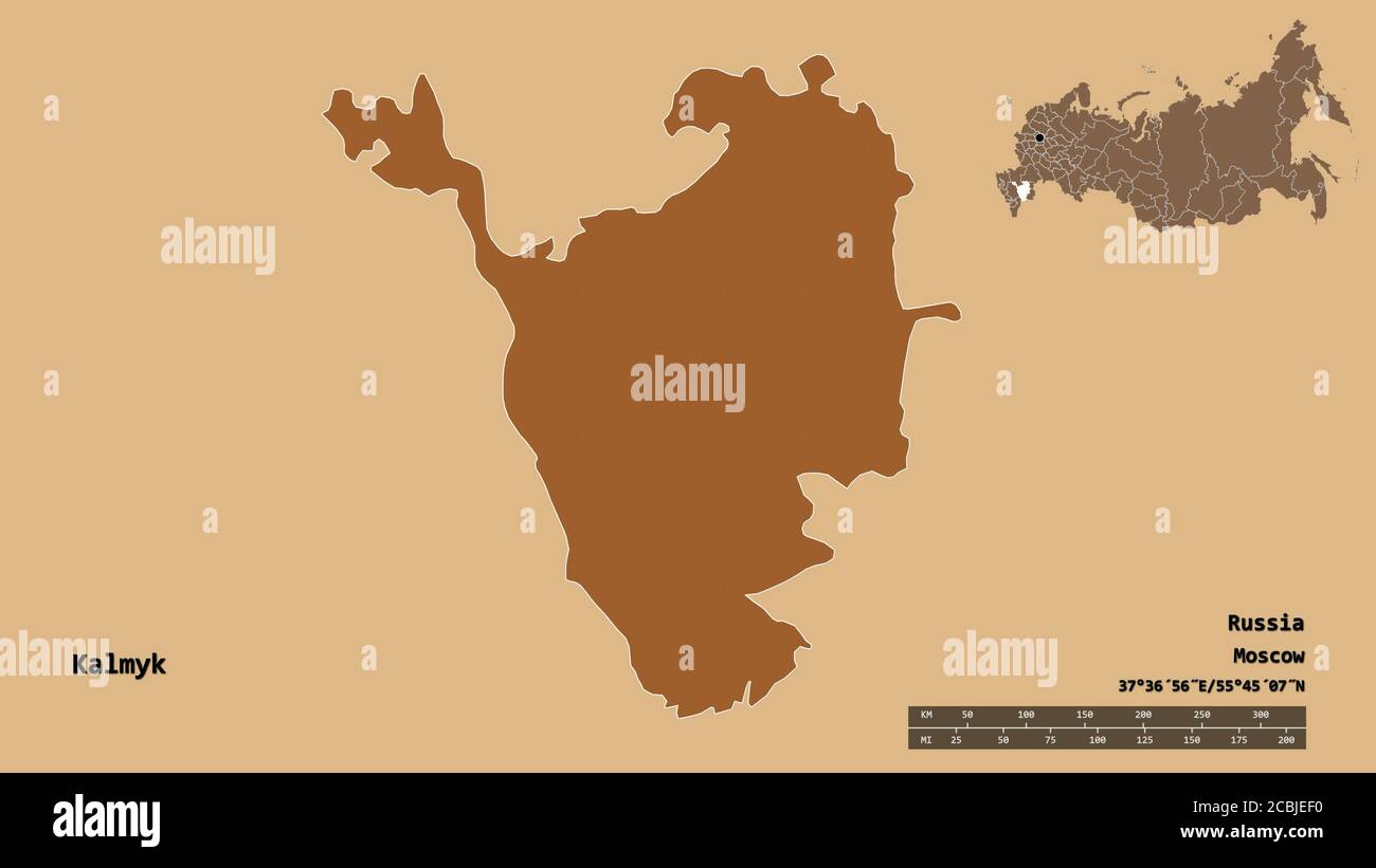 Shape of Kalmyk, republic of Russia, with its capital isolated on solid ...