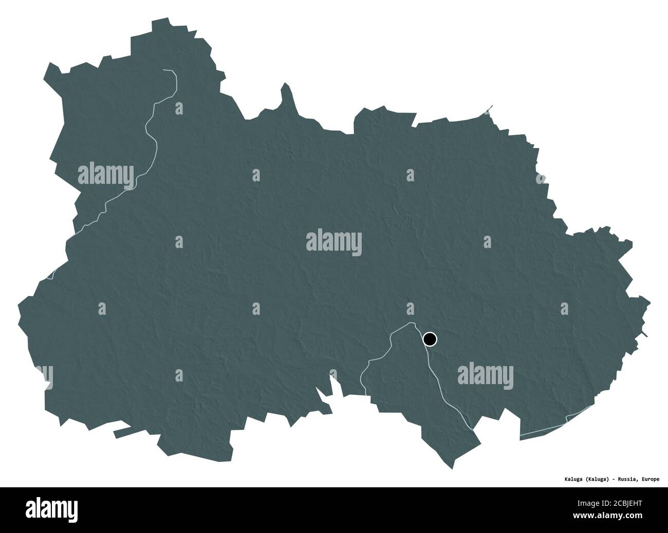 Shape of Kaluga, region of Russia, with its capital isolated on white ...