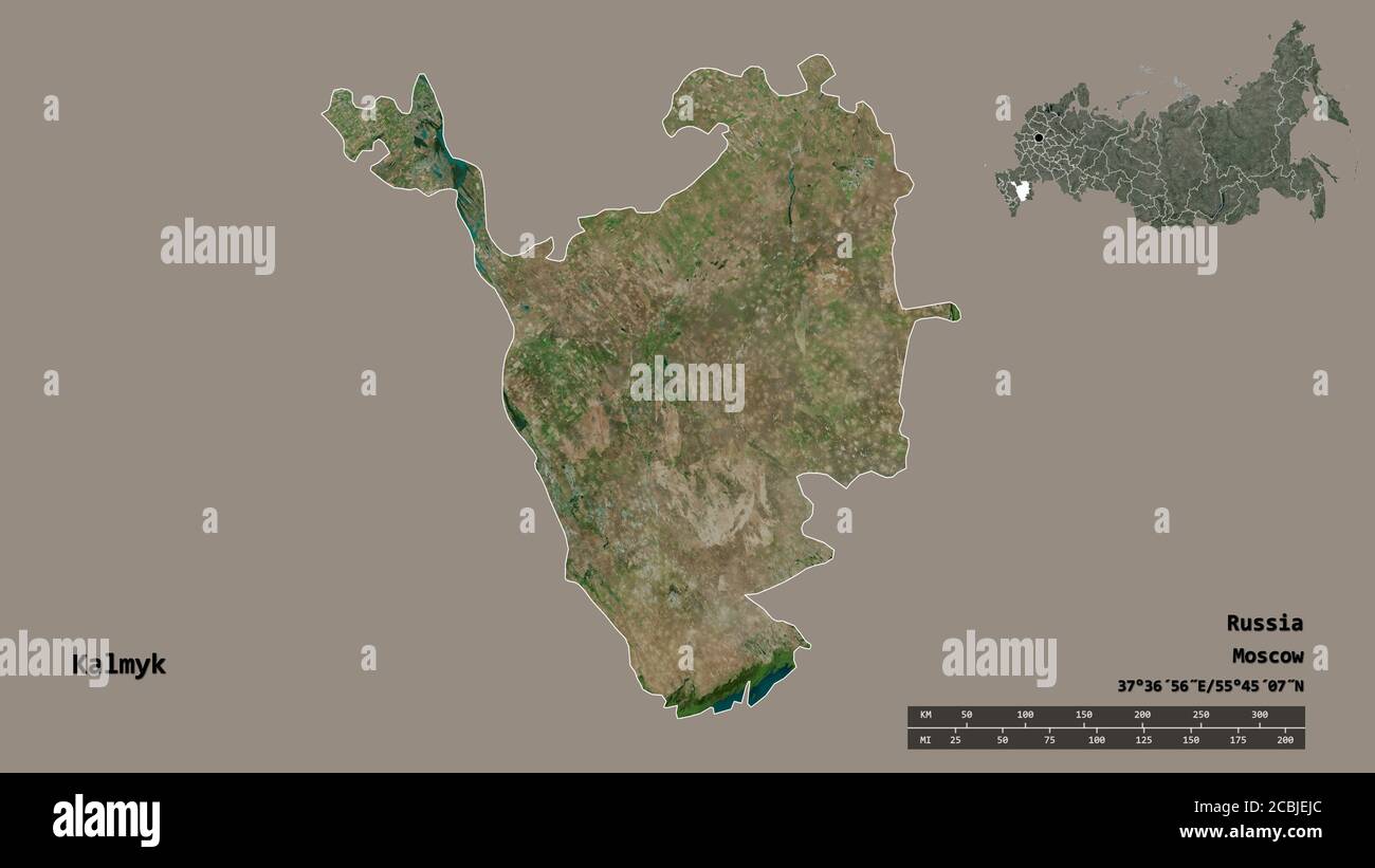 Shape of Kalmyk, republic of Russia, with its capital isolated on solid ...