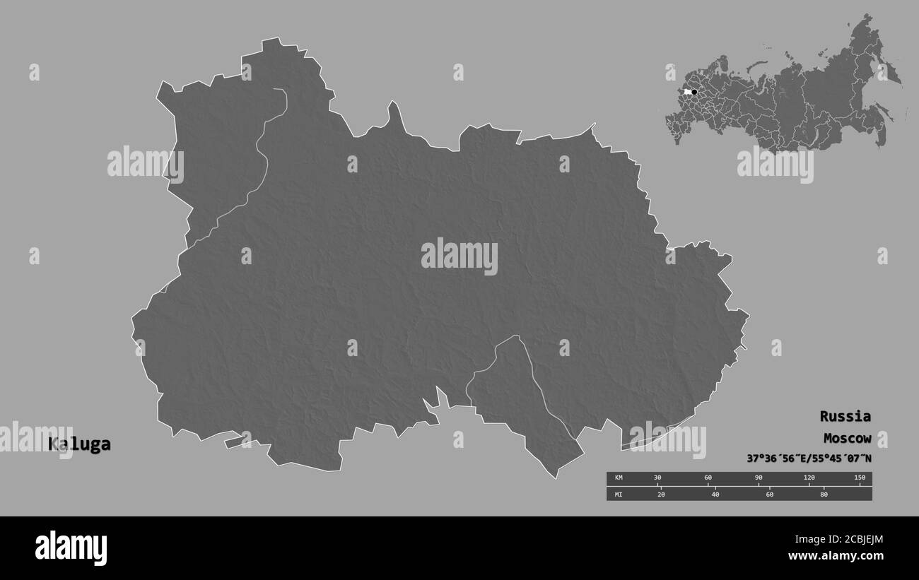 Shape of Kaluga, region of Russia, with its capital isolated on solid ...
