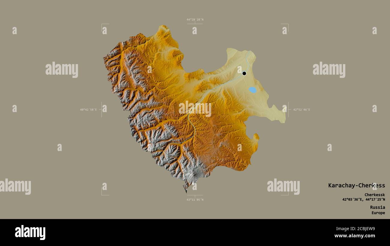 Area of Karachay-Cherkess, republic of Russia, isolated on a solid ...