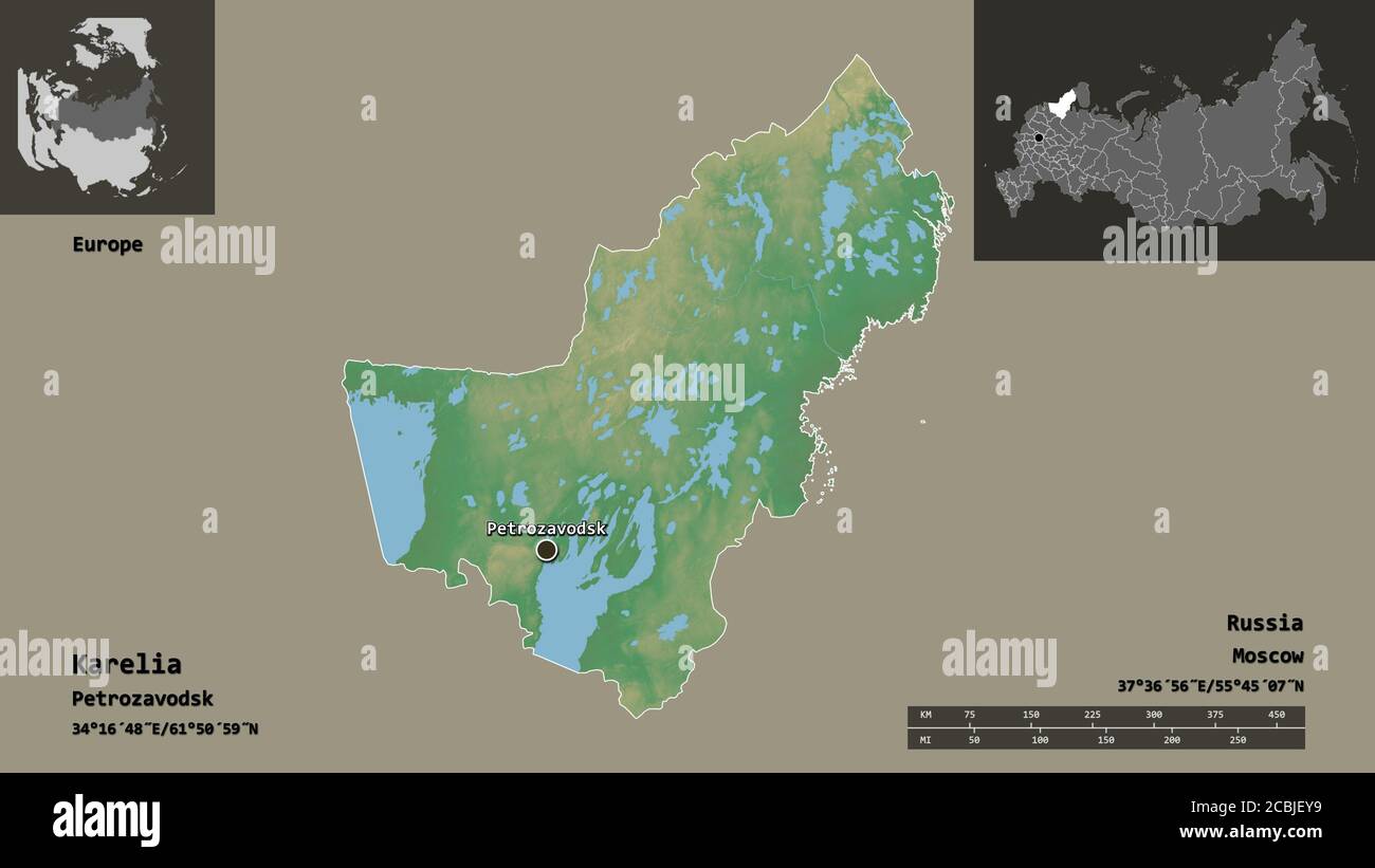Shape of Karelia, republic of Russia, and its capital. Distance scale ...
