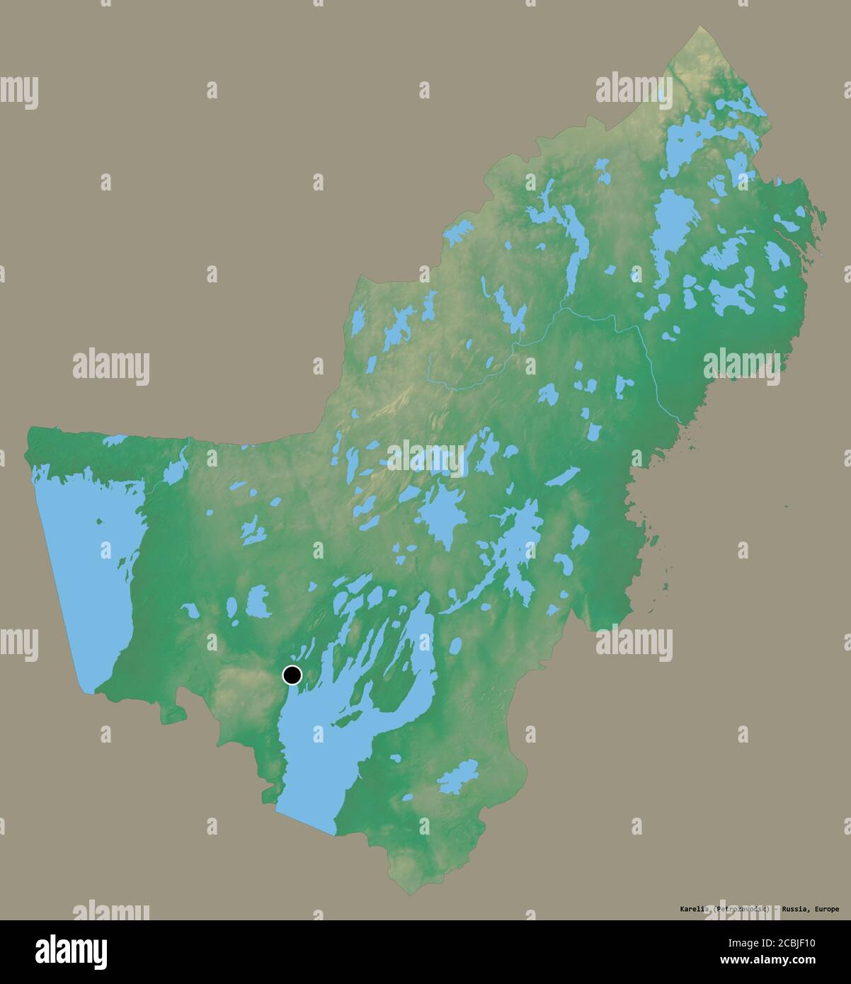 Shape of Karelia, republic of Russia, with its capital isolated on a ...